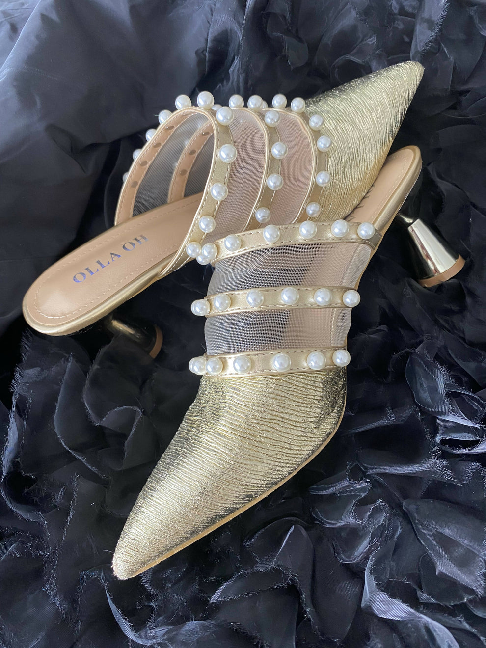Size 39 Embellished Gold Lamé and Mesh Point-Toe Mules – oppspot